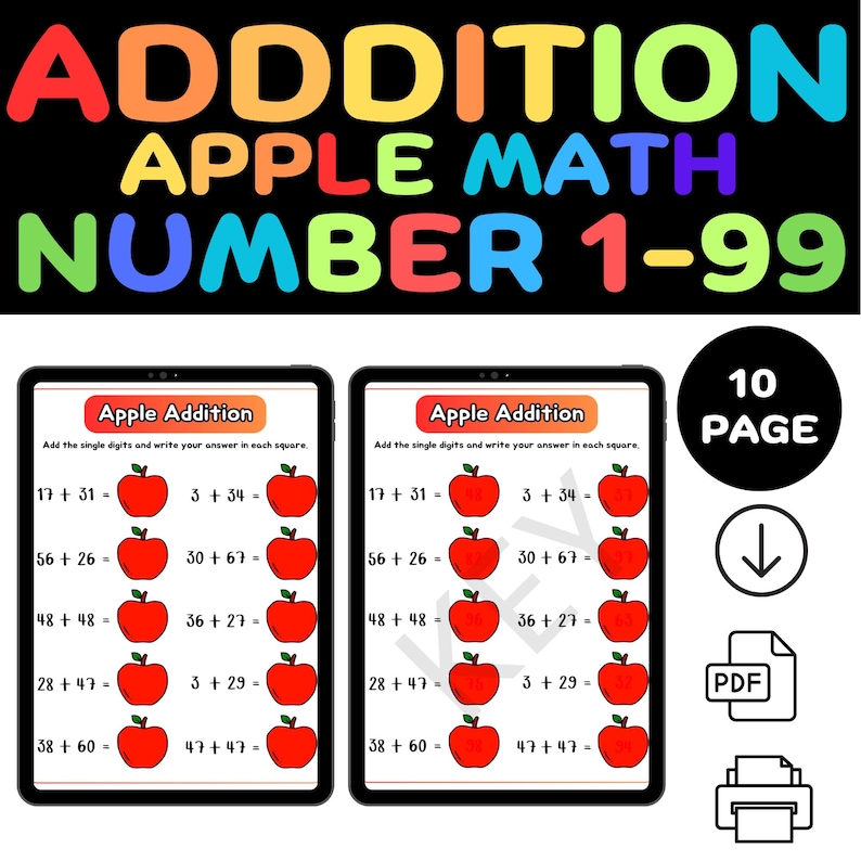 Apple Addition Worksheet: 220 Single-digit Problems (PDF) - Etsy