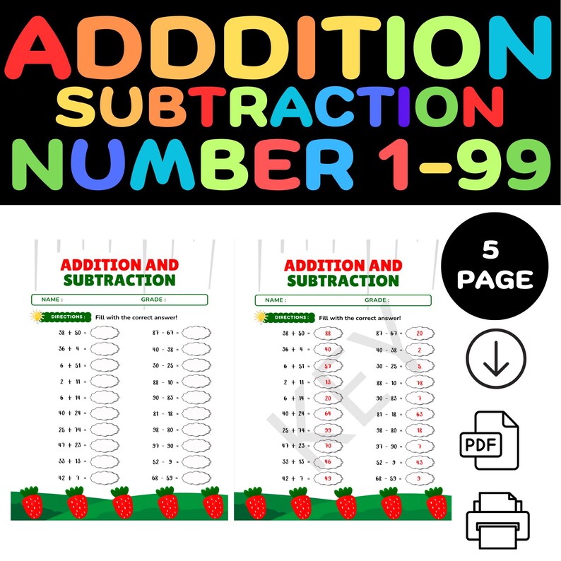 Addition & Subtraction Worksheets: 100 Math Problems (PDF) - Etsy