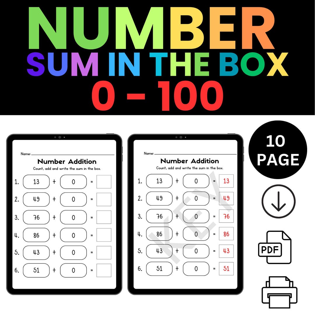Worksheets for Kids Number Addition Practice for Kids 0-100 - Etsy