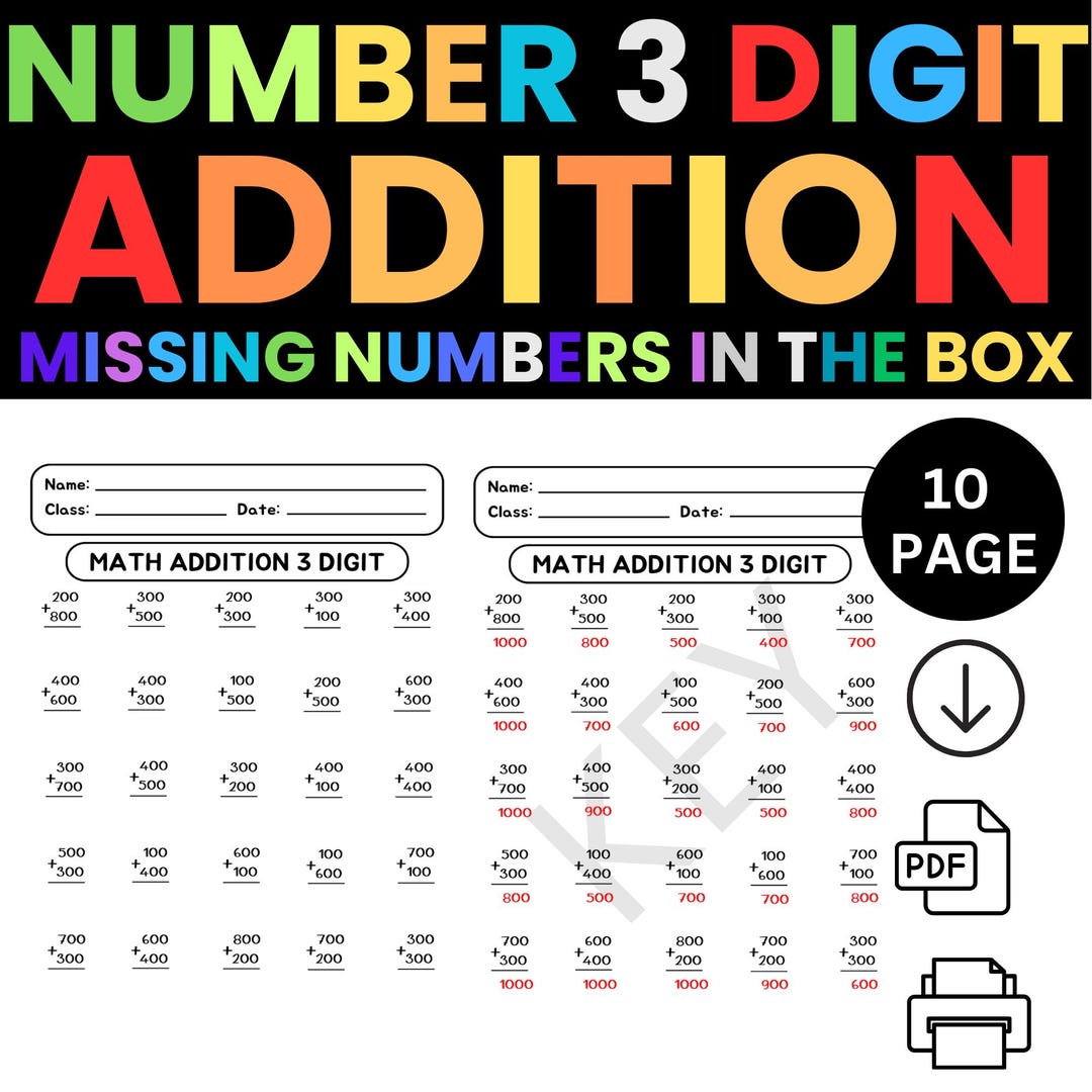 3-digit Addition Missing Numbers Worksheets for Kids Fun Math Practice ...