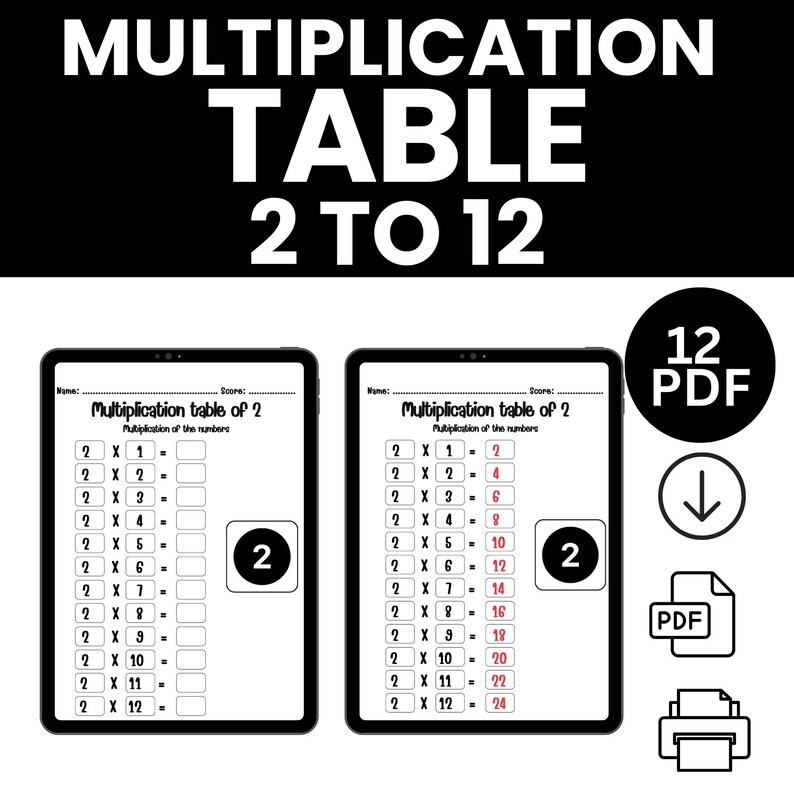 Math Worksheets Multiplication Table 2-12 Printable Math Chart for Kids ...
