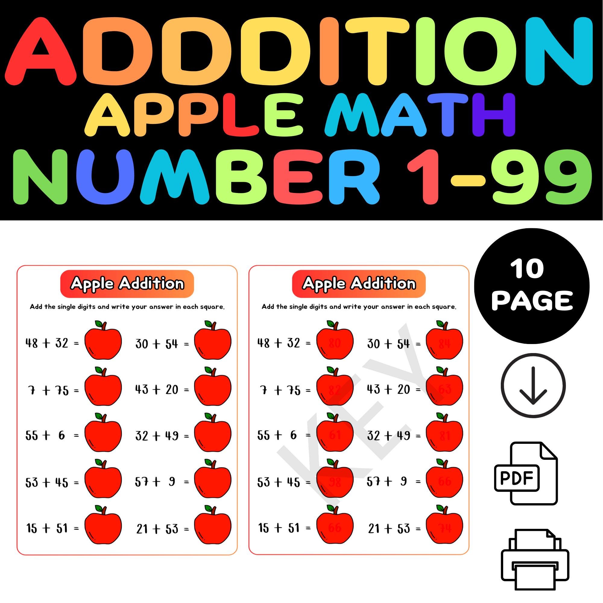 Apple Addition Worksheet for Kids Single-digit Addition Practice 220 ...