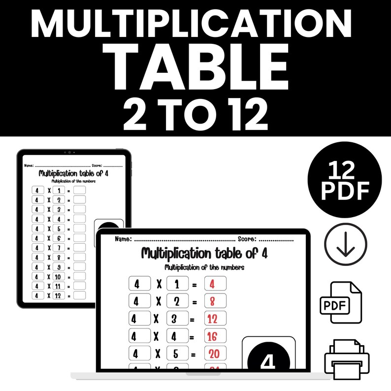 Math Worksheets Multiplication Table 2-12 Printable Math Chart for Kids ...
