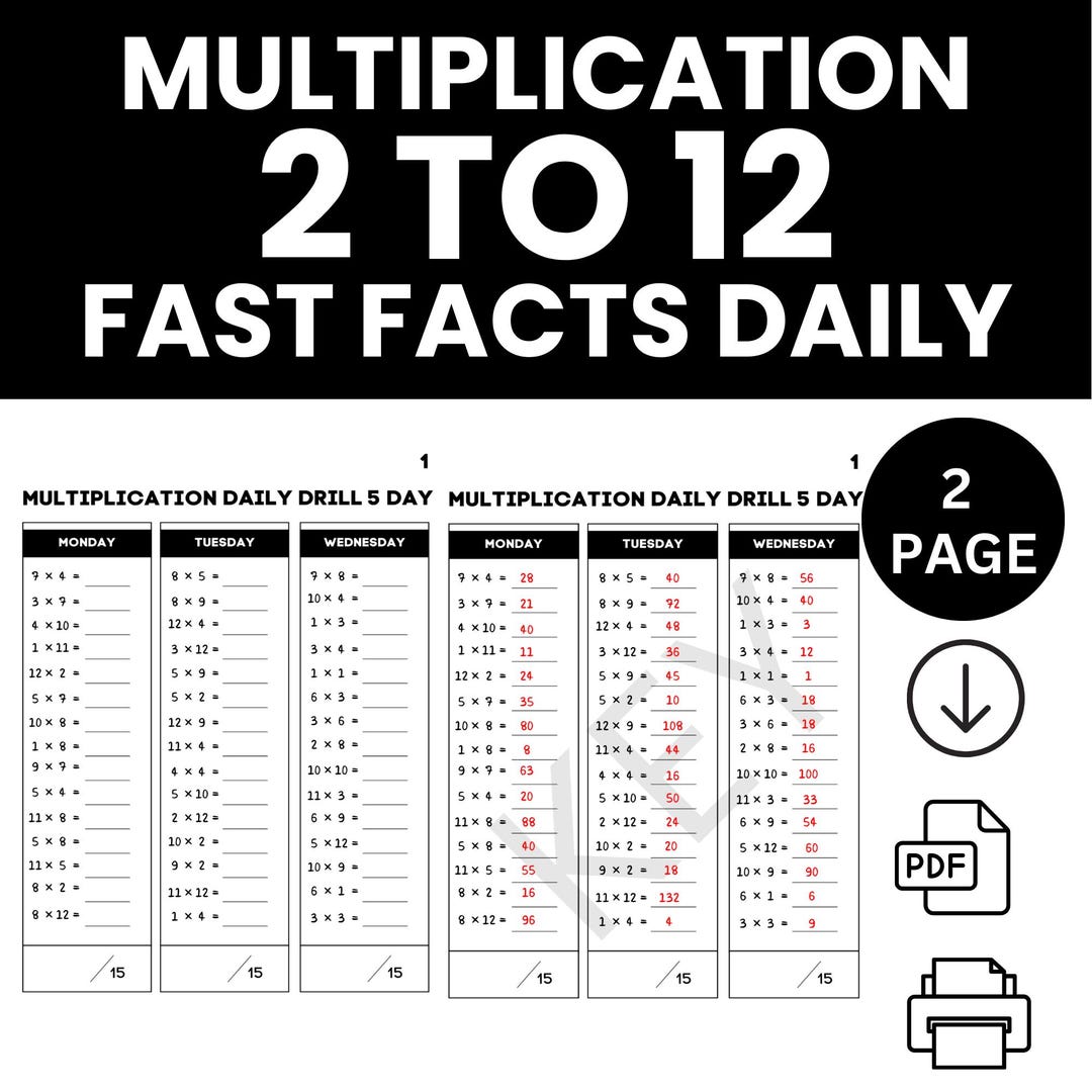 Multiplication Facts 2-12 Daily Drill Worksheets: Math Practice (2 ...