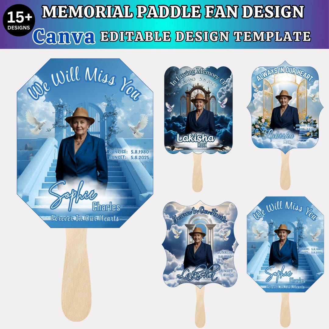 Blue Memorial Paddle Fan Template, Celebration of Life (canva Editable ...