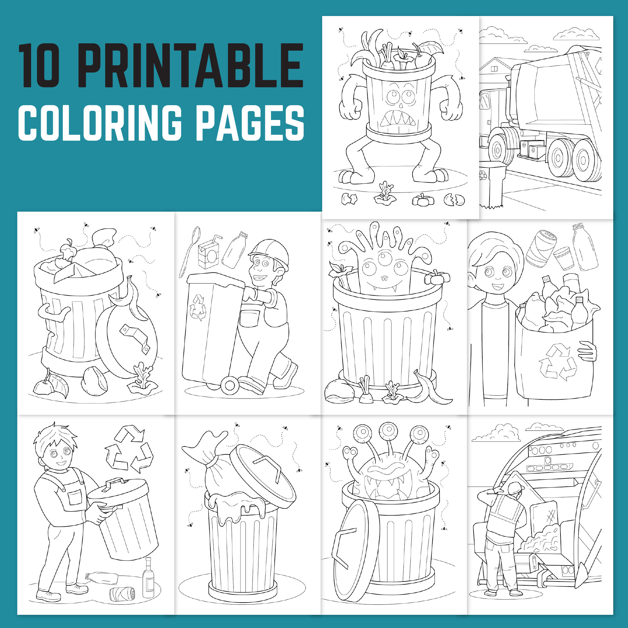 Coloring Pages for Kids Waste Recycling, Trash & Garbage Bin Truck ...