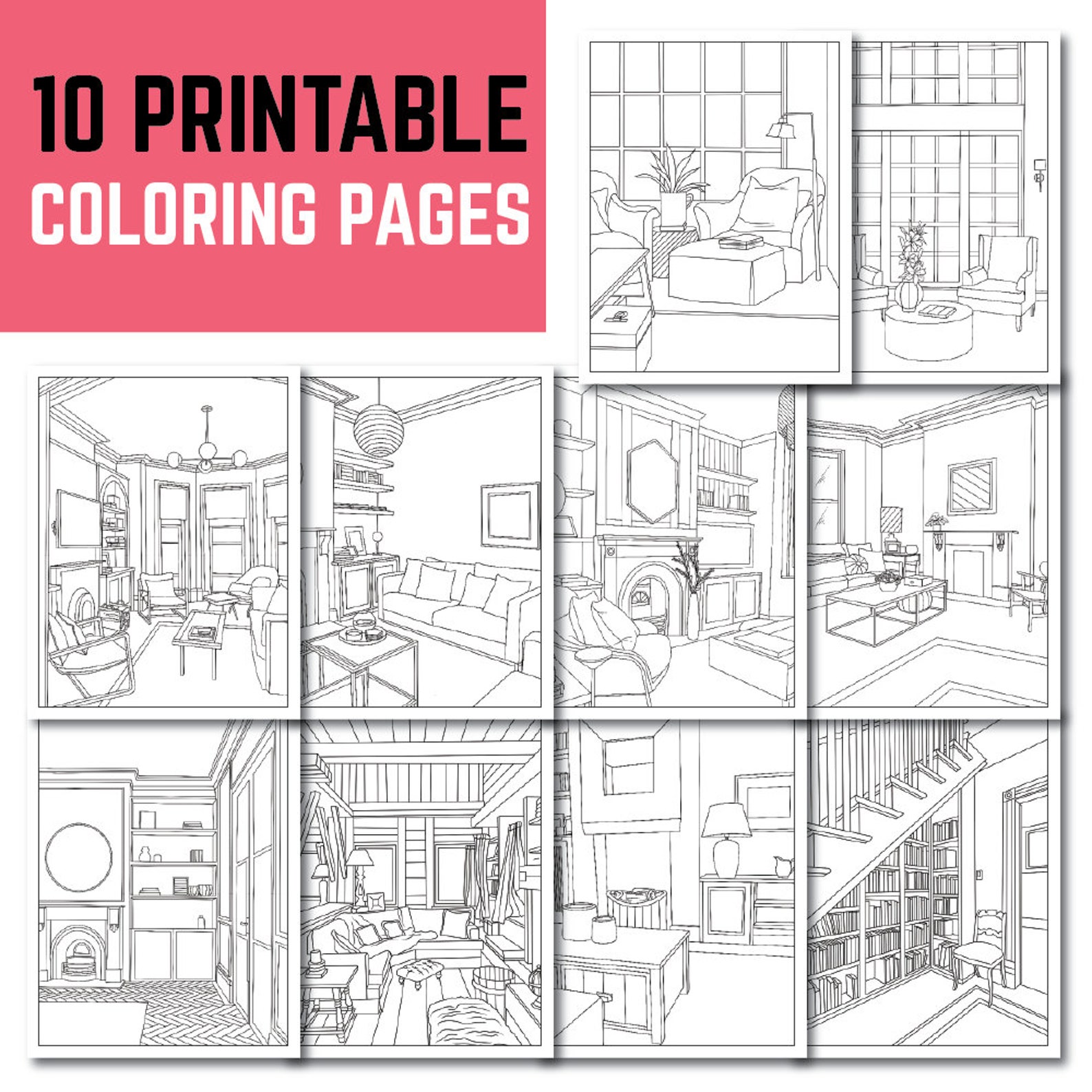 Cozy Home Interior Coloring Pages Pack 1 - Etsy