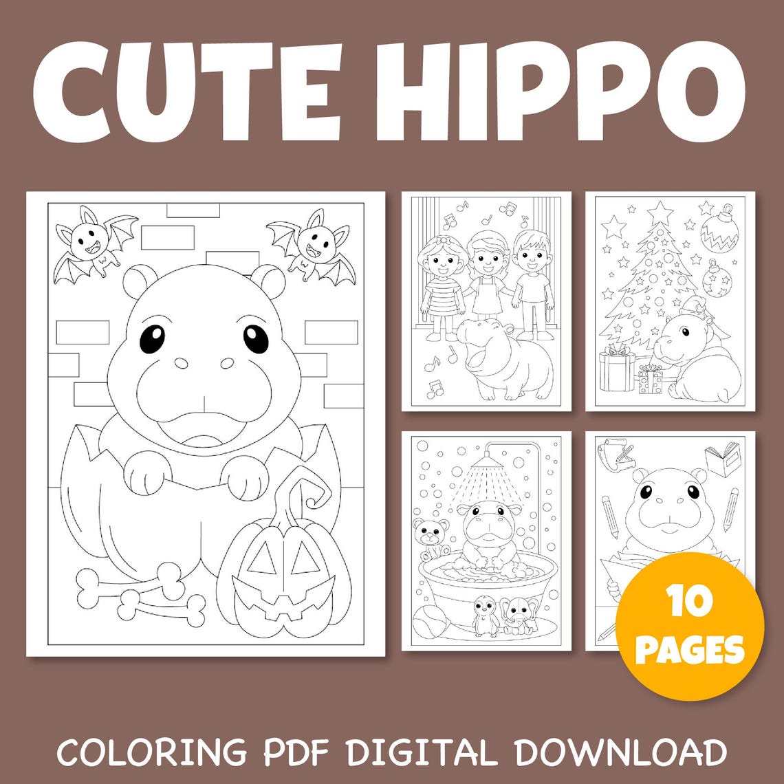 Cute Hippo Coloring Pages Pack 2 | Pdf Sheet Printable US Letter - Etsy