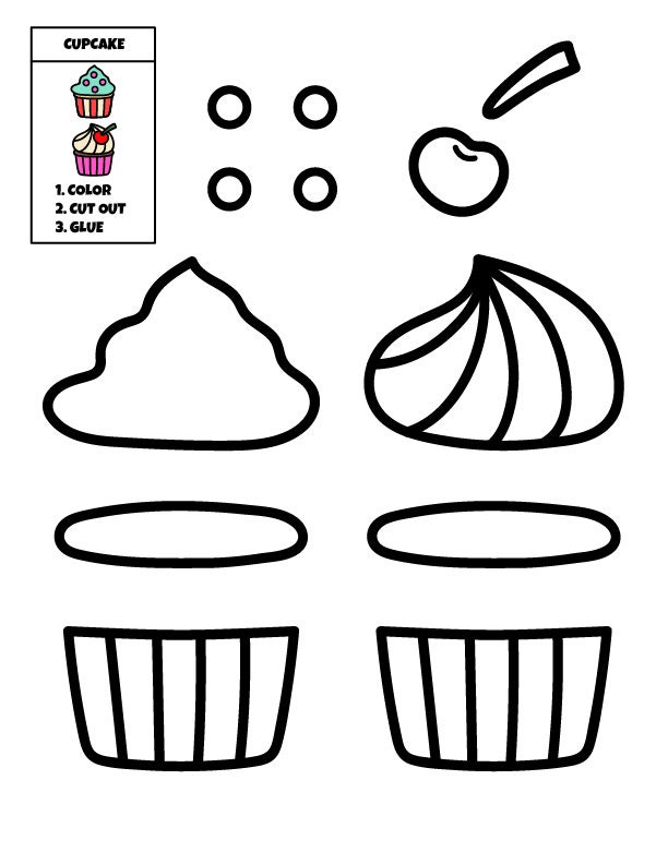 Cupcake Cut and Paste Craft Coloring Worksheets for Kids | Printable US ...