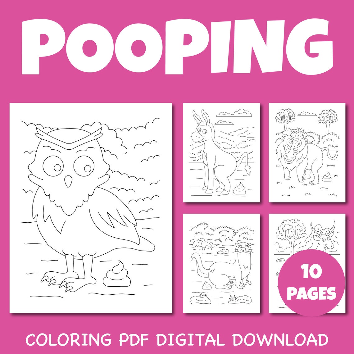 Funny Animal Pooping Printable .pdf Coloring Page Pack 3 - Etsy