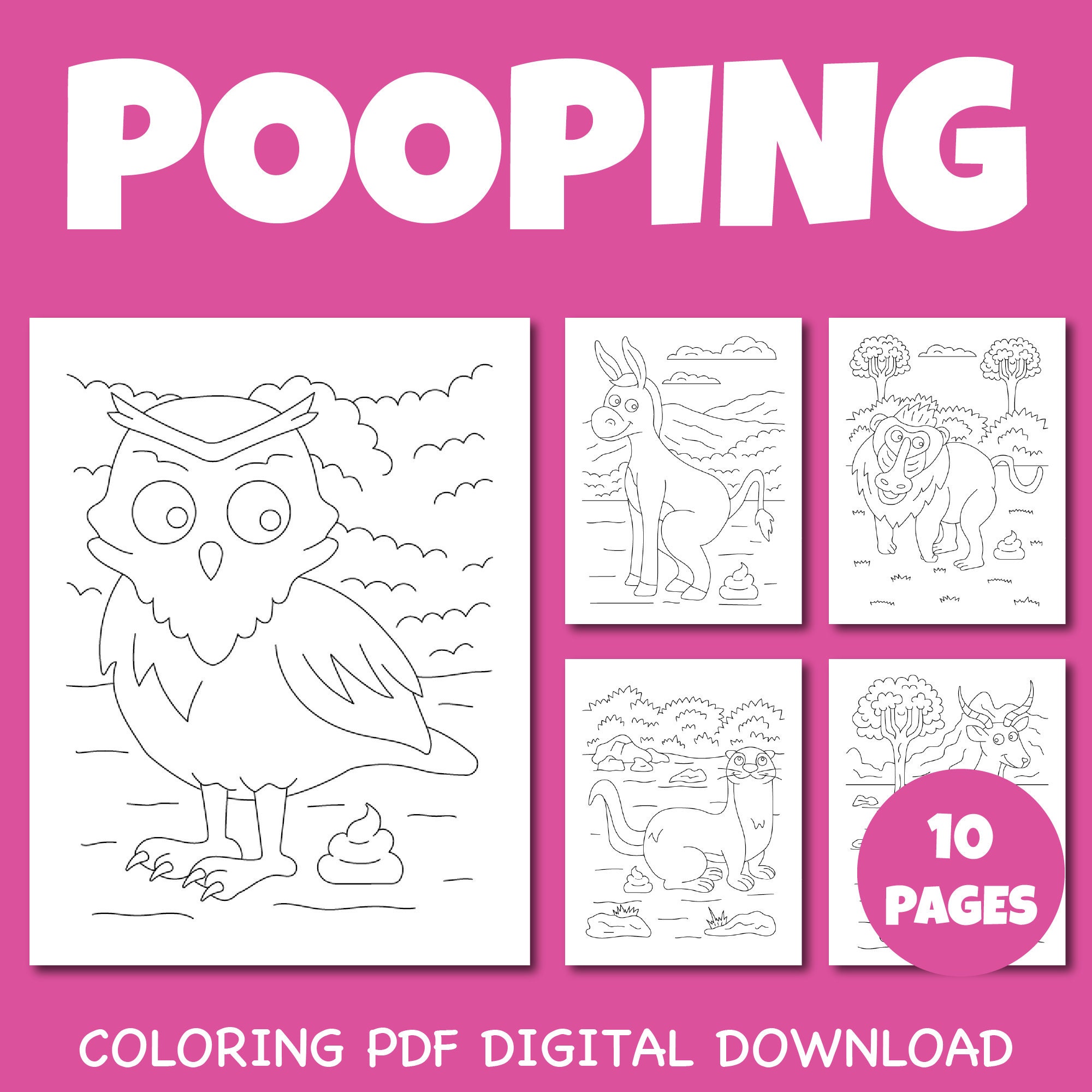 Funny Animal Pooping Printable .pdf Coloring Page Pack 3 - Etsy