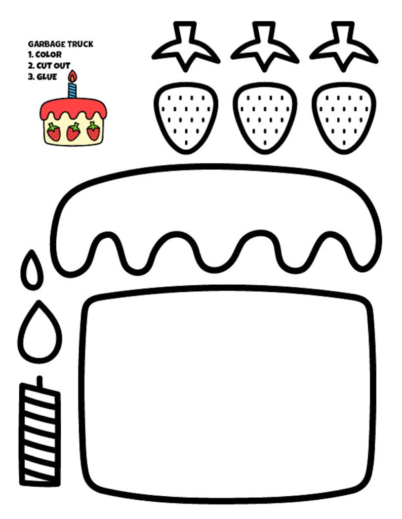 Strawberry Birthday Cake Cut and Paste Paper Fun Easy Craft Worksheets ...
