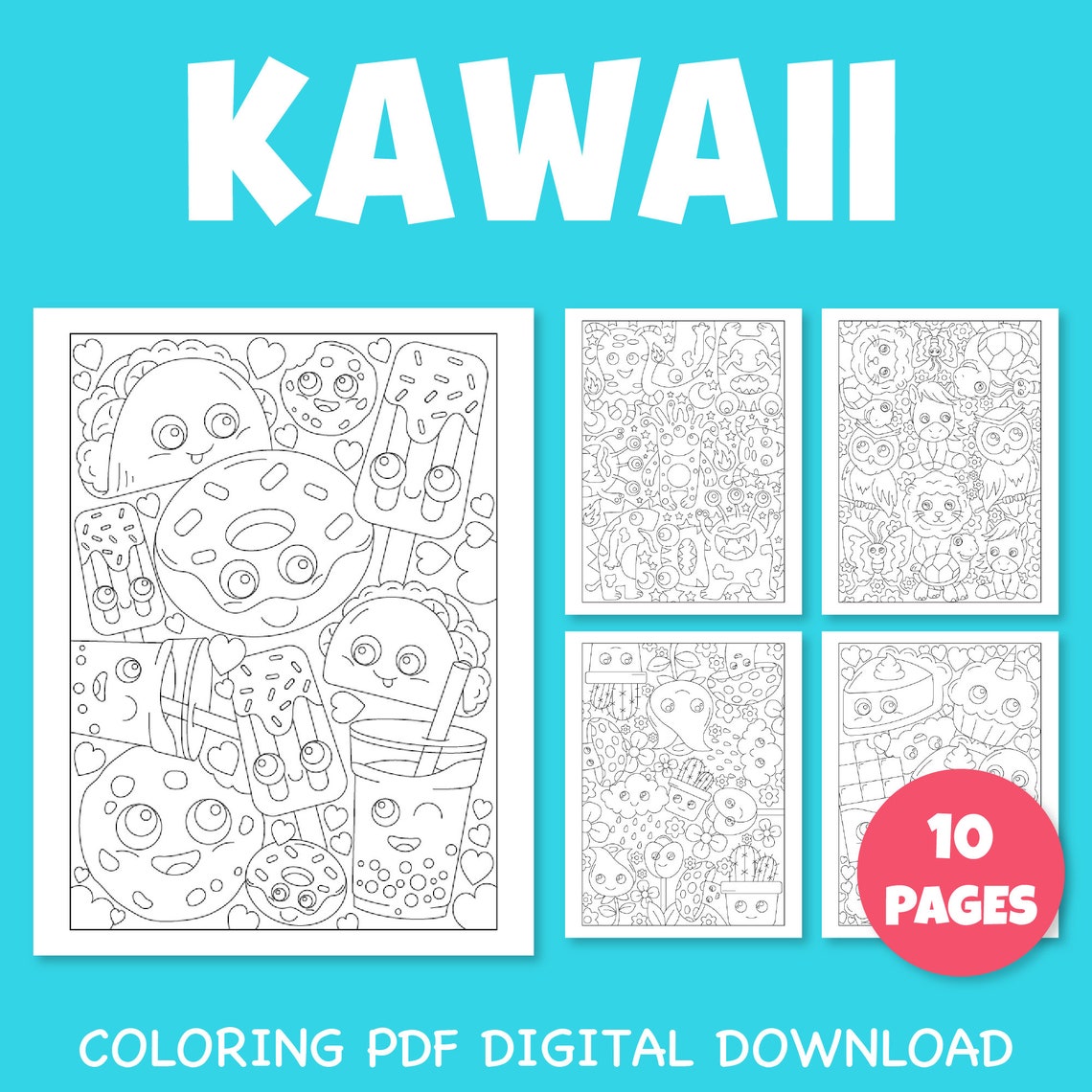 Coloring Pages for Kids Kawaii Doodle Cartoon Characters Coloring Pack ...