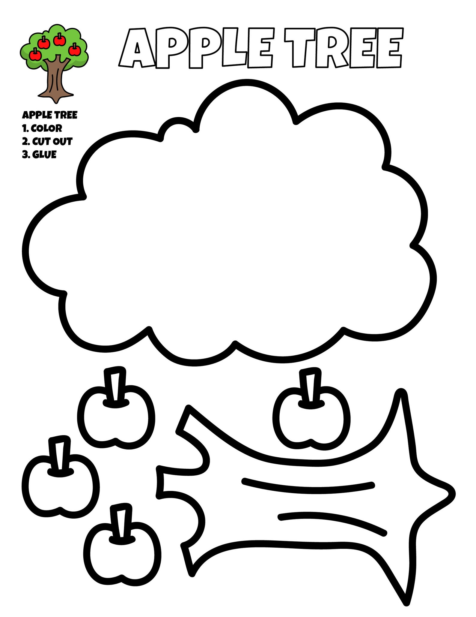 Apple Tree Cut and Paste Craft Coloring Worksheets for Kids | Printable ...