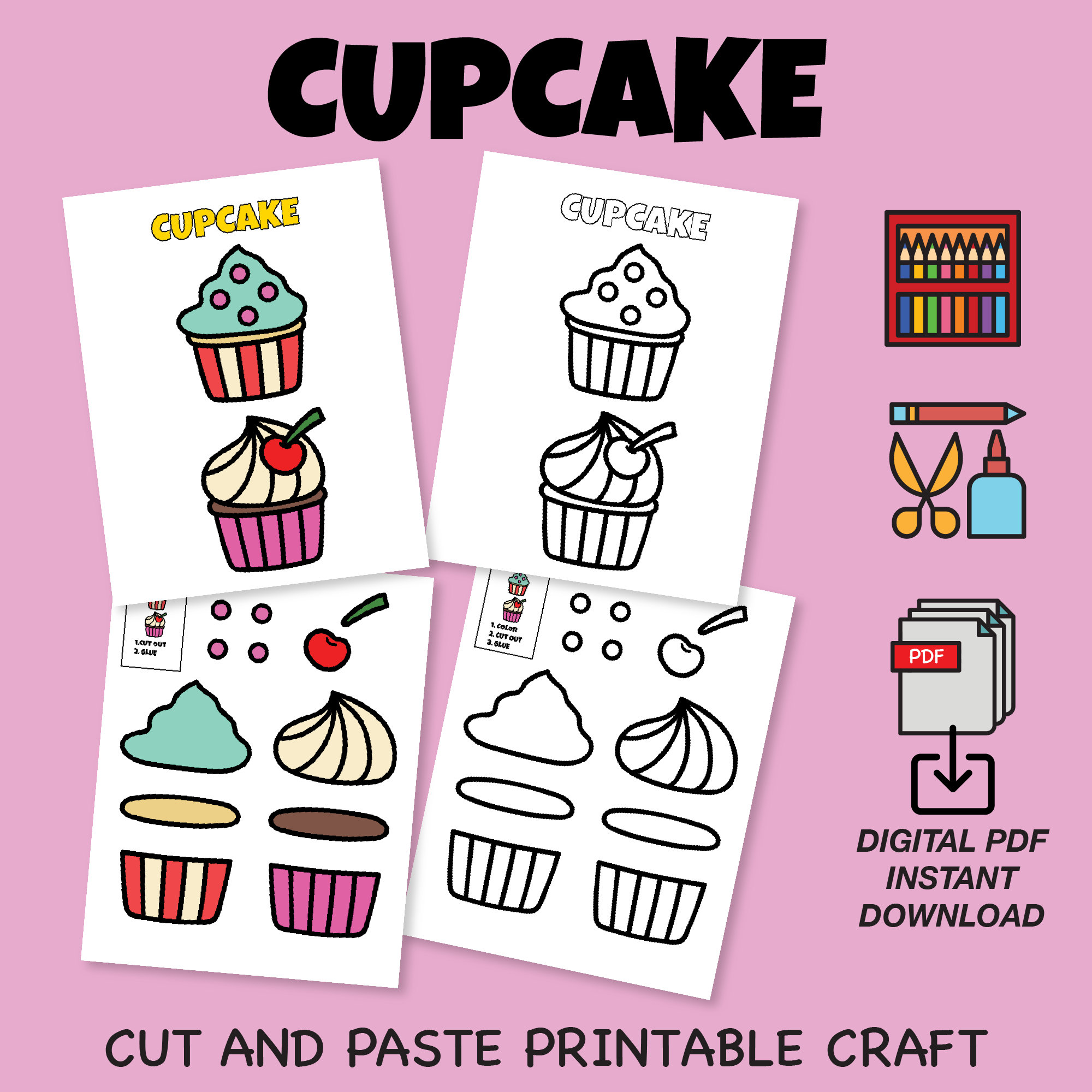 Cupcake Cut and Paste Craft Coloring Worksheets for Kids | Printable US ...