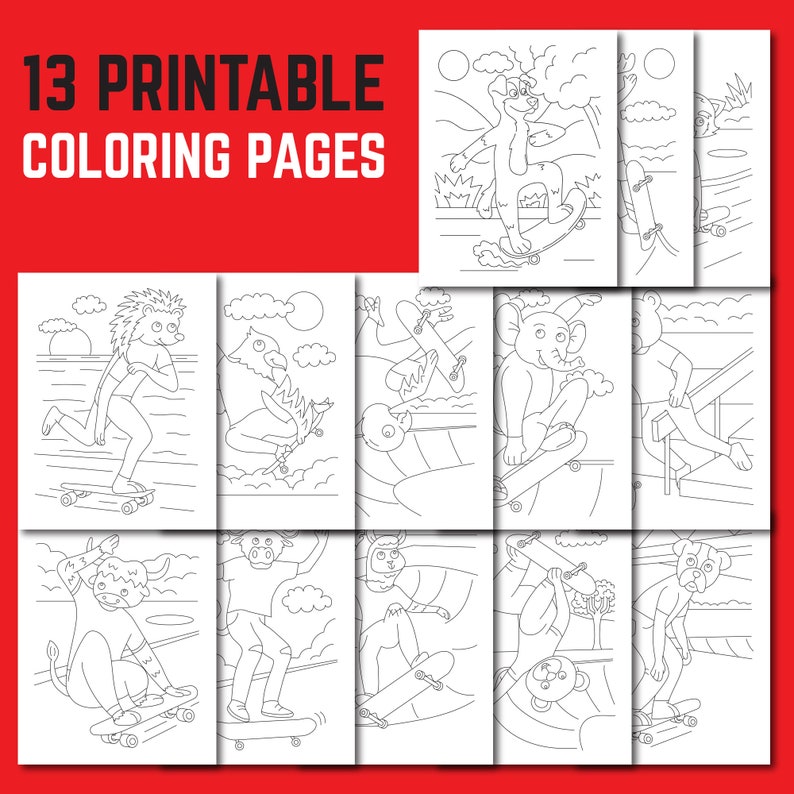 Skateboarding Animals Coloring Pages for Kids Pack 2 - Etsy