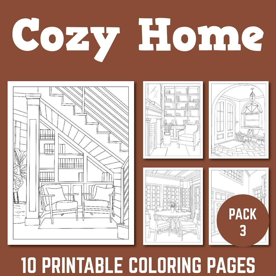 Coloring Pages for Adults Cozy Home Interior Theme | Printable Digital ...