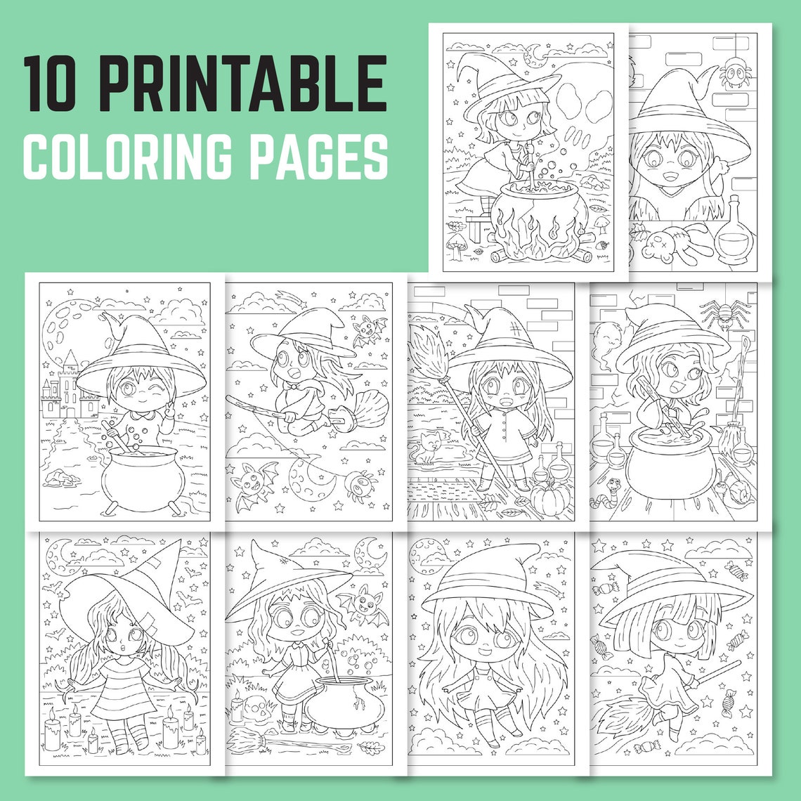 Kawaii Witch Chibi Style Characters Coloring Pages for Kids and Adults ...