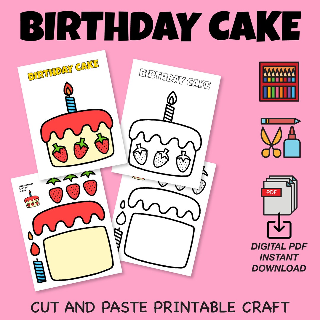Strawberry Birthday Cake Cut and Paste Paper Fun Easy Craft Worksheets ...