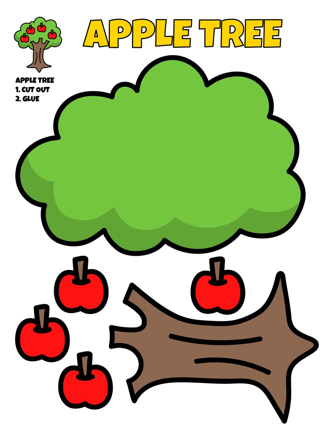 Apple Tree Cut and Paste Craft Coloring Worksheets for Kids | Printable ...