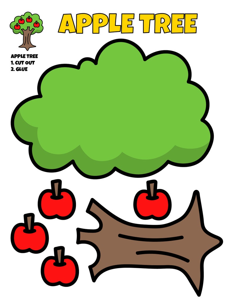 Apple Tree Cut and Paste Craft Coloring Worksheets for Kids | Printable ...