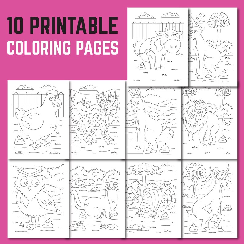 Funny Animal Pooping Printable .pdf Coloring Page Pack 3 - Etsy