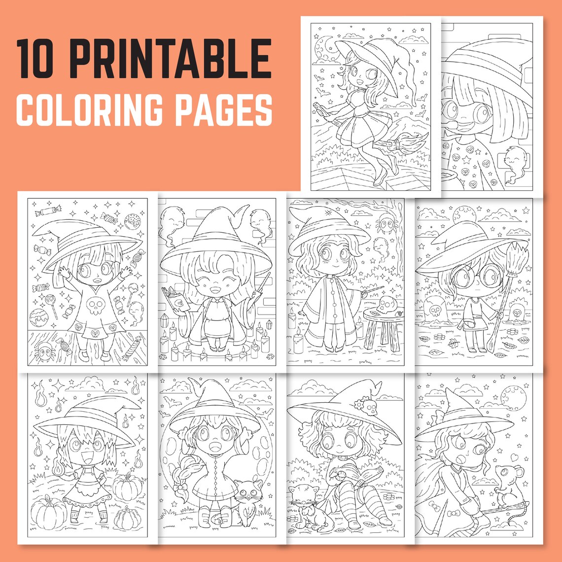 Coloring Pages for Kids and Adults Kawaii Witch Chibi Style Characters ...