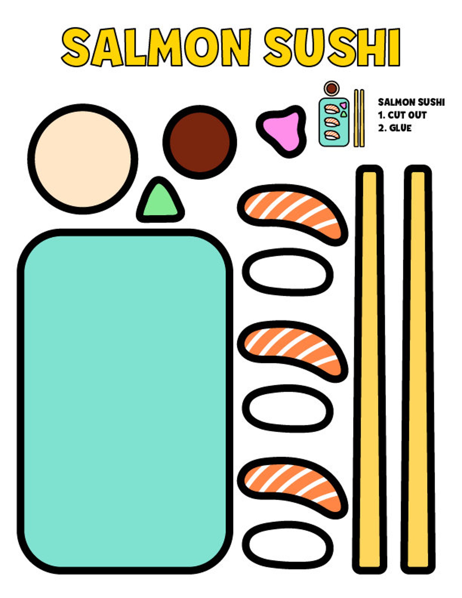 Salmon Sushi Cut and Paste Craft Worksheets for Kids | Printable US ...