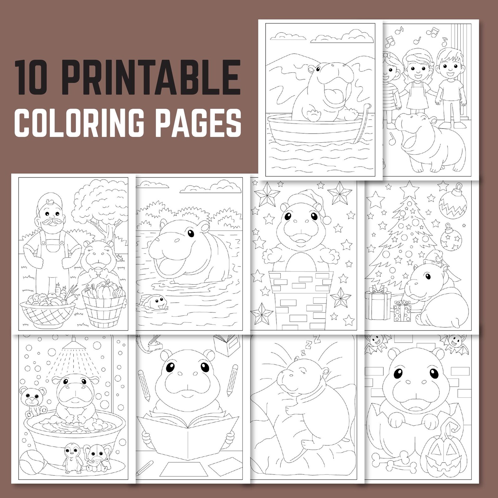 Cute Hippo Coloring Pages Pack 2 | Pdf Sheet Printable US Letter - Etsy