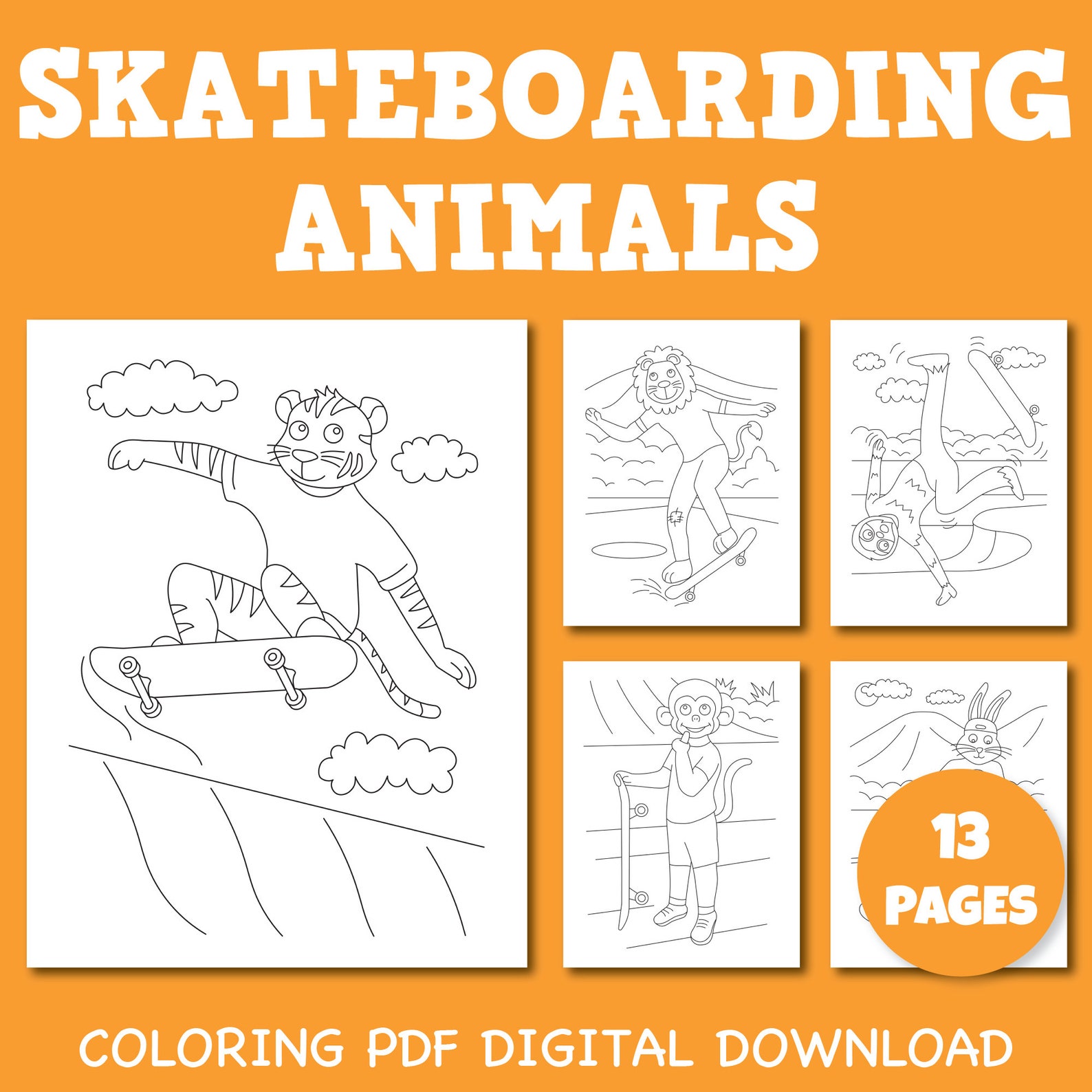 Skateboarding Animals Coloring Pages for Kids Pack 1 - Etsy
