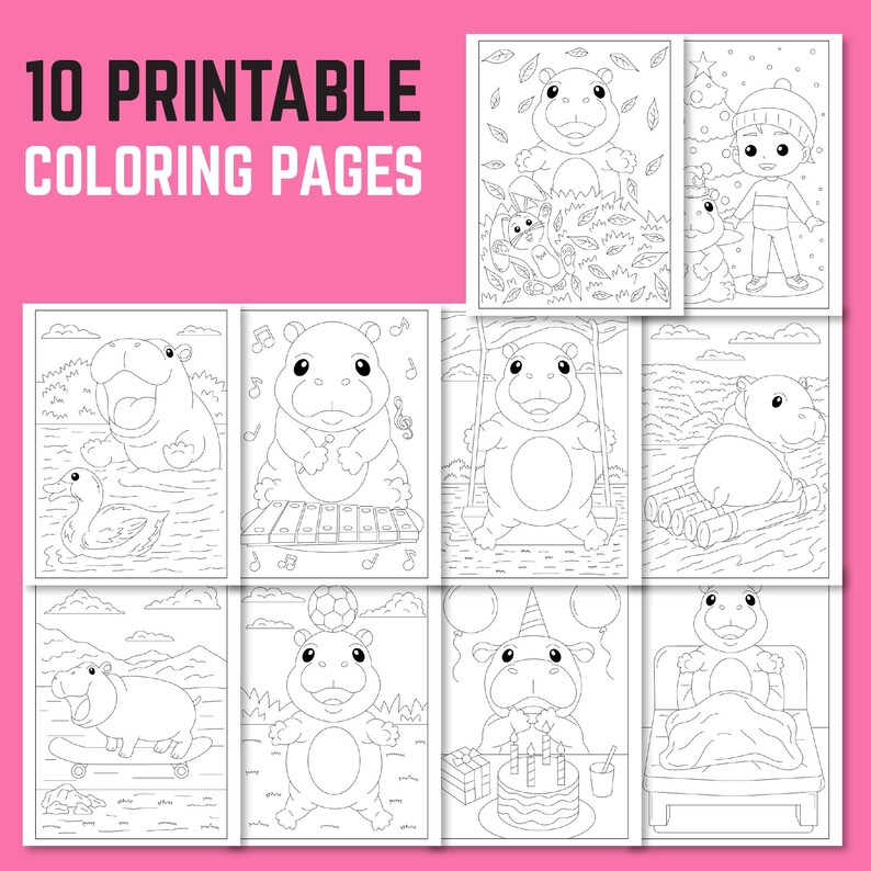 Cute Hippo Coloring Pages Pack 1 | Pdf Sheet Printable US Letter - Etsy