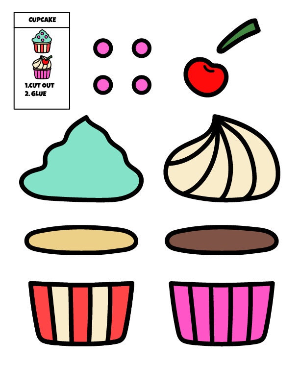 Cupcake Cut and Paste Craft Coloring Worksheets for Kids Printable US ...
