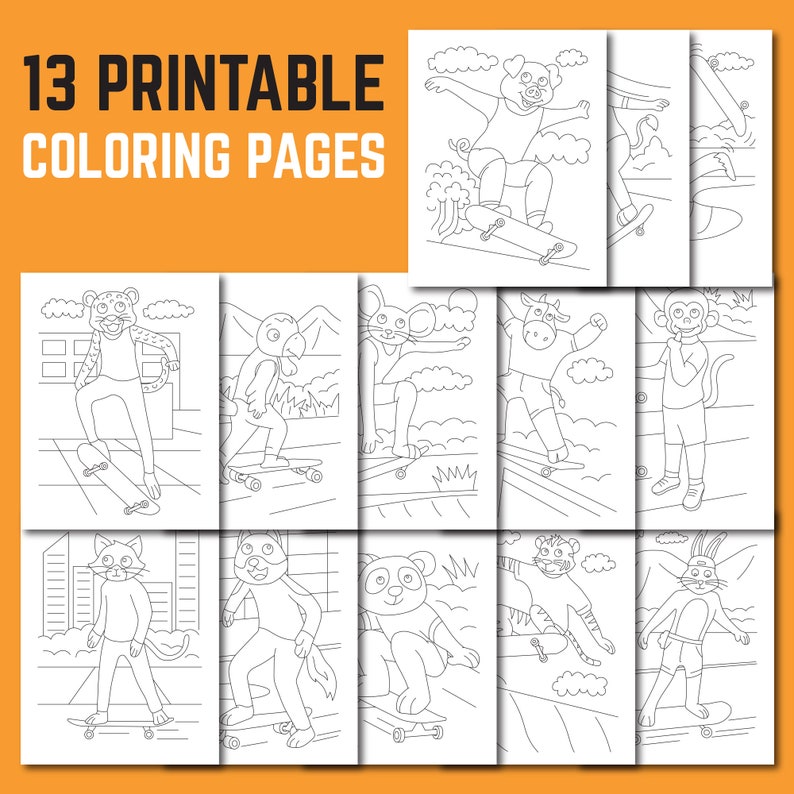 Skateboarding Animals Coloring Pages for Kids Pack 1 - Etsy