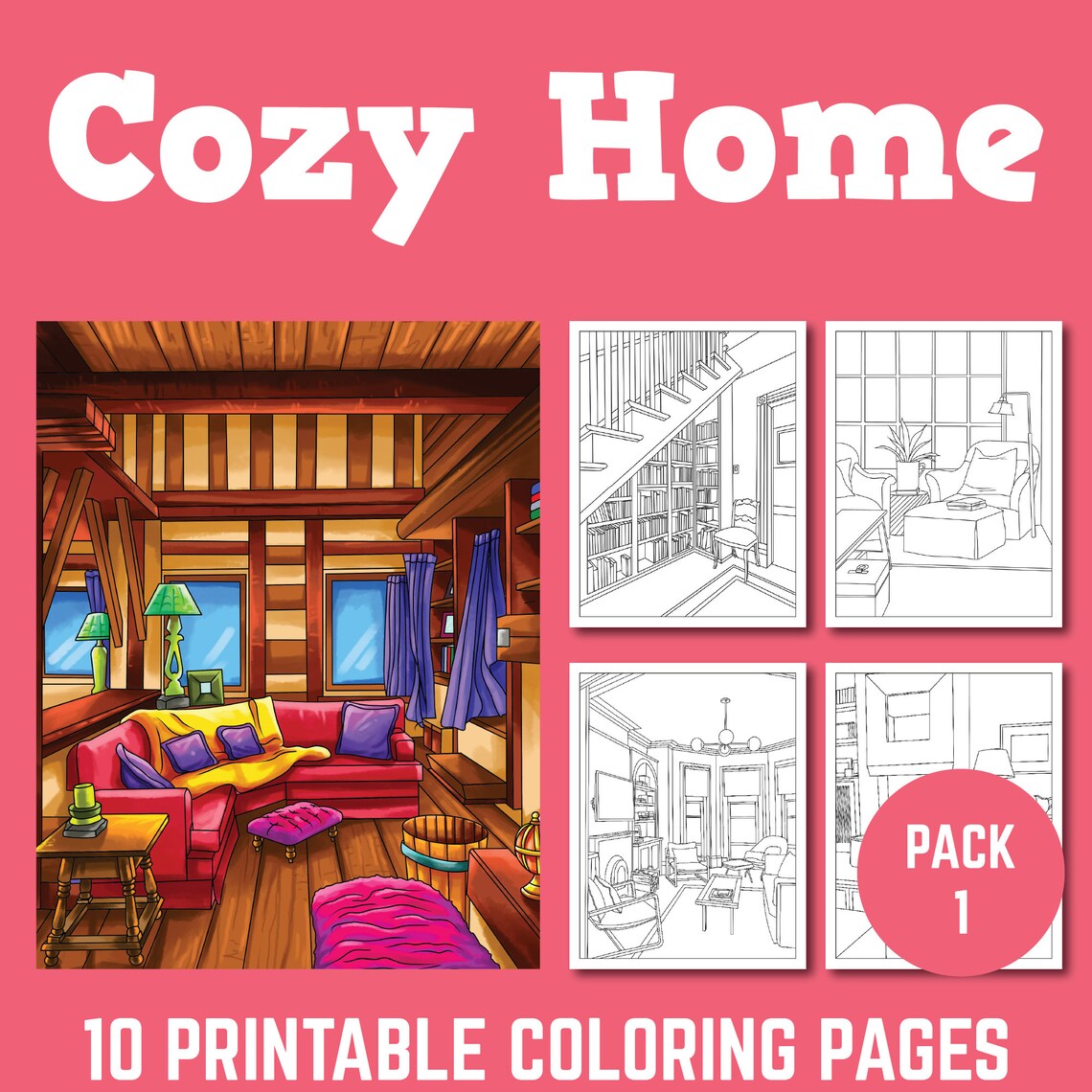 Coloring Page for Adults Cozy Home Interior Coloring Pages Pack 1 - Etsy