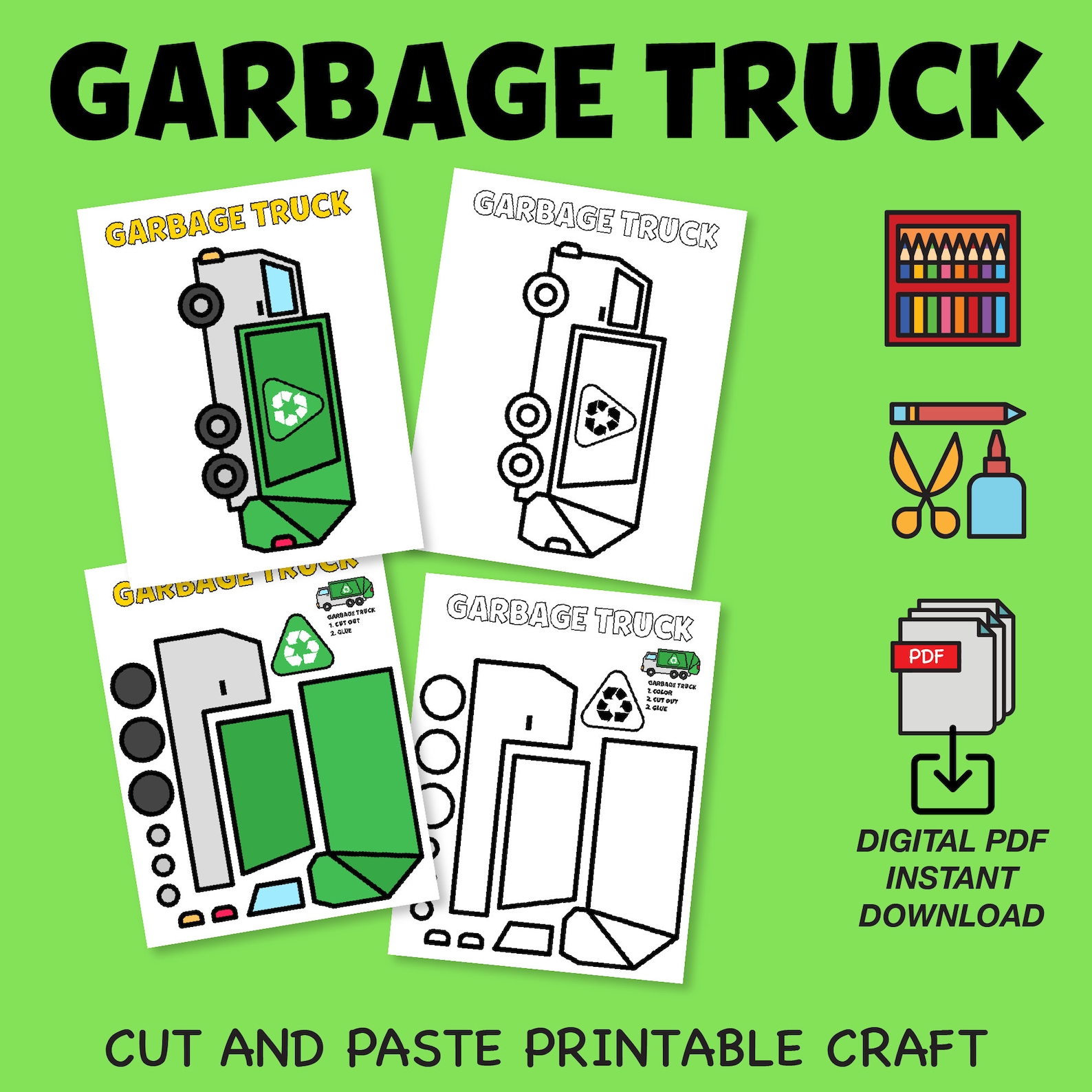 Garbage Truck Cut and Paste Craft Worksheets for Kids | Printable US ...