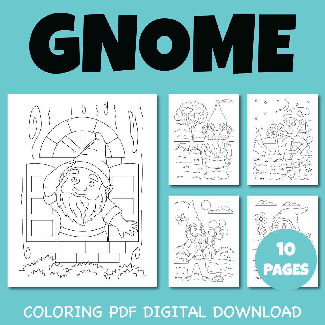 Gnome Coloring Sheet Printable Pdf Pages Pack 2 - Etsy
