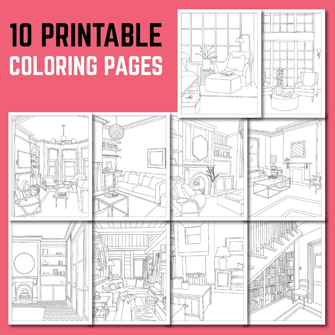Coloring Page for Adults Cozy Home Interior Coloring Pages Pack 1 - Etsy