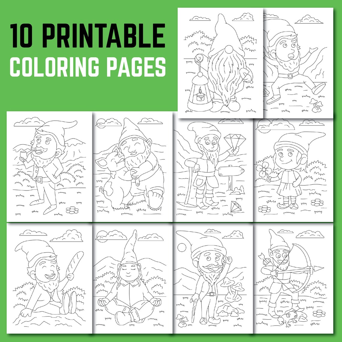 Gnome Coloring Sheet Printable Pdf Pages Pack 1 - Etsy