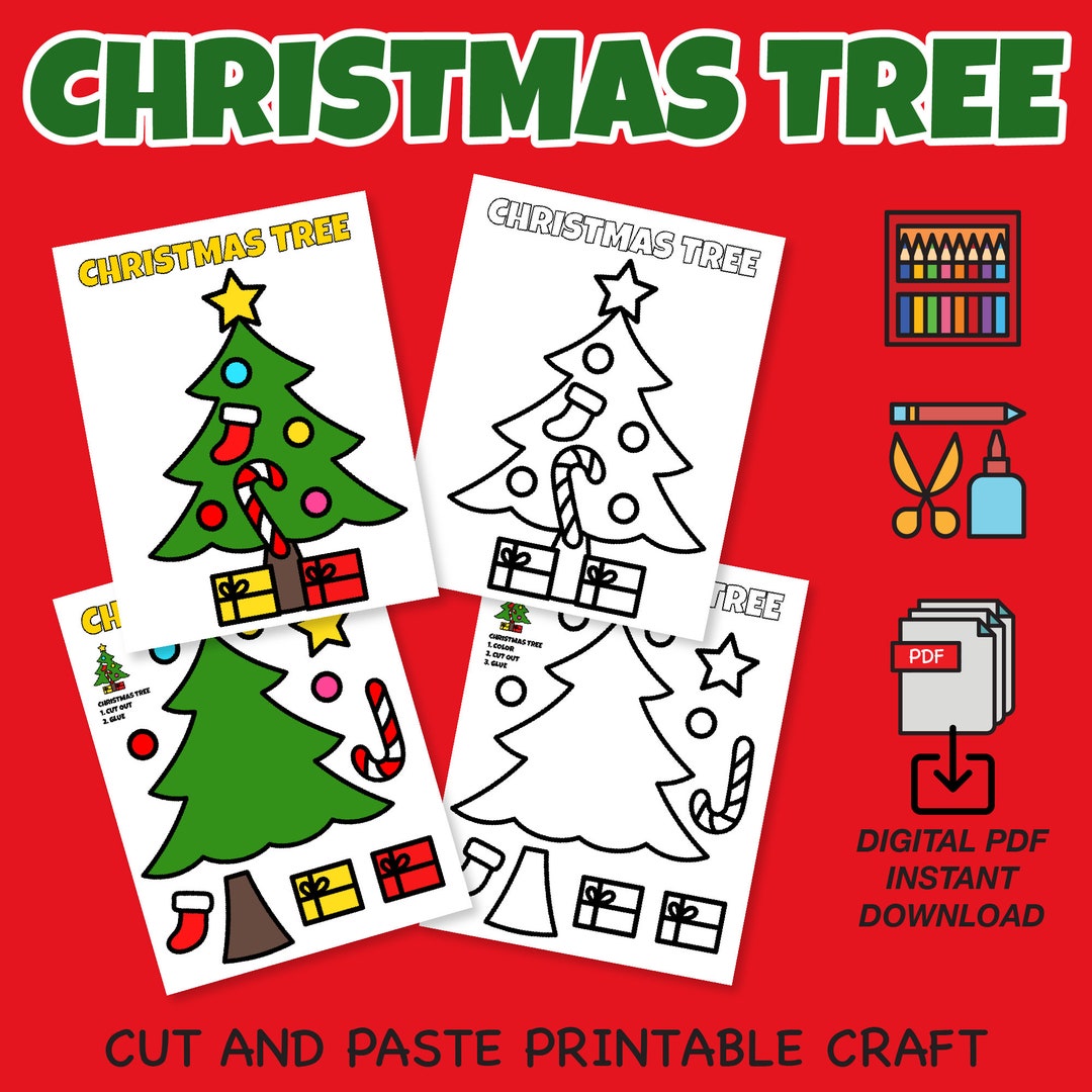 Christmas Tree Cut and Paste Craft Coloring Worksheets for Kids ...