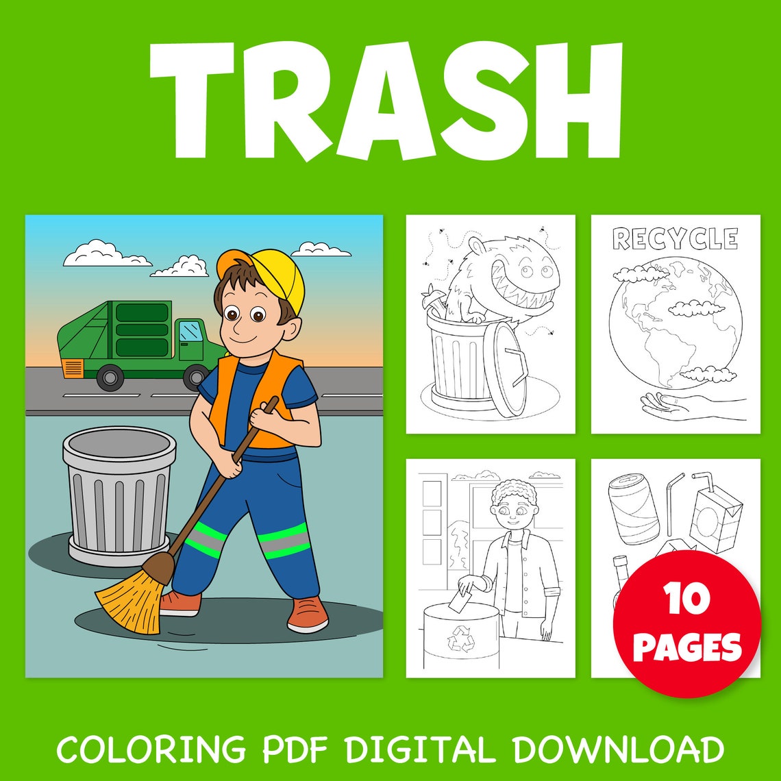 Waste Recycling Coloring Pages for Kids (PDF Printable) - Etsy