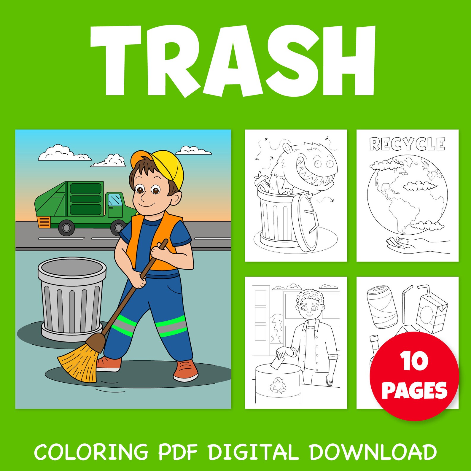 Coloring Pages for Kids Waste Recycling, Trash & Garbage Truck Coloring ...