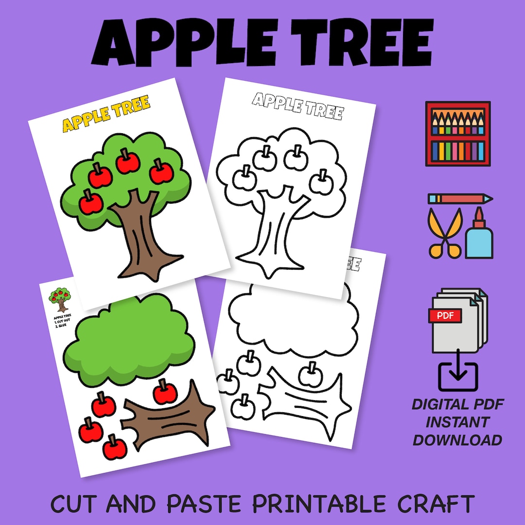 Apple Tree Cut and Paste Craft Coloring Worksheets for Kids | Printable ...