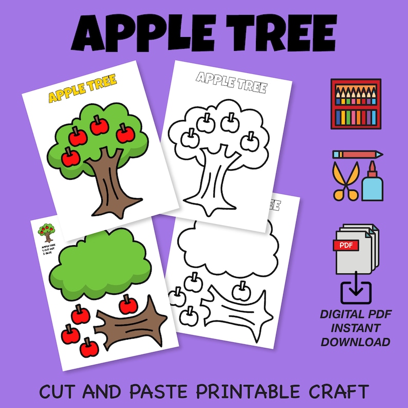 Apple Tree Cut and Paste Craft Coloring Worksheets for Kids | Printable ...