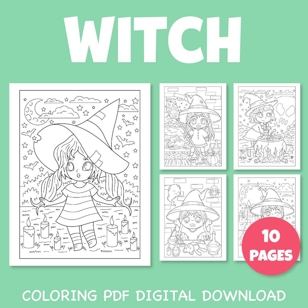 Kawaii Witch Chibi Style Characters Coloring Pages for Kids and Adults ...