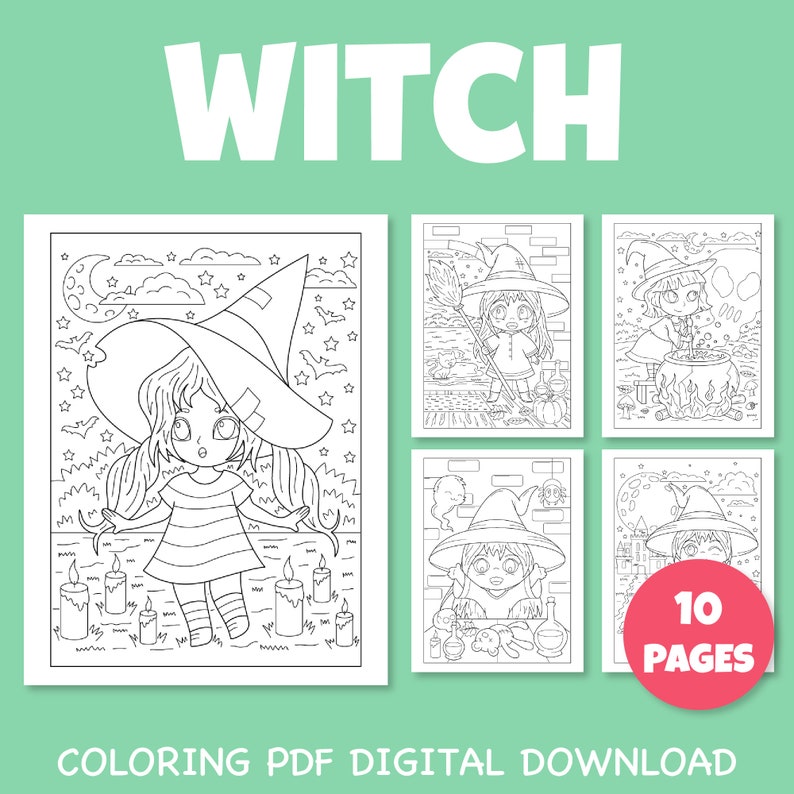 Kawaii Witch Chibi Style Characters Coloring Pages for Kids and Adults ...