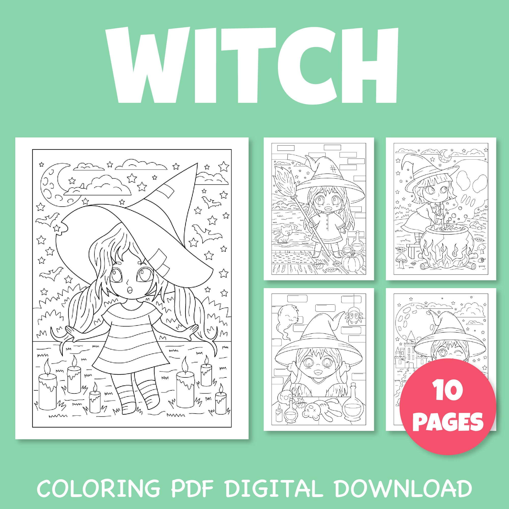 Kawaii Witch Chibi Style Characters Coloring Pages for Kids and Adults ...