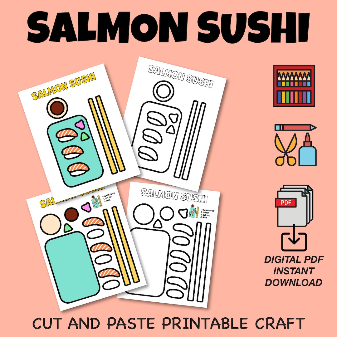 Salmon Sushi Cut and Paste Craft Worksheets for Kids | Printable US ...