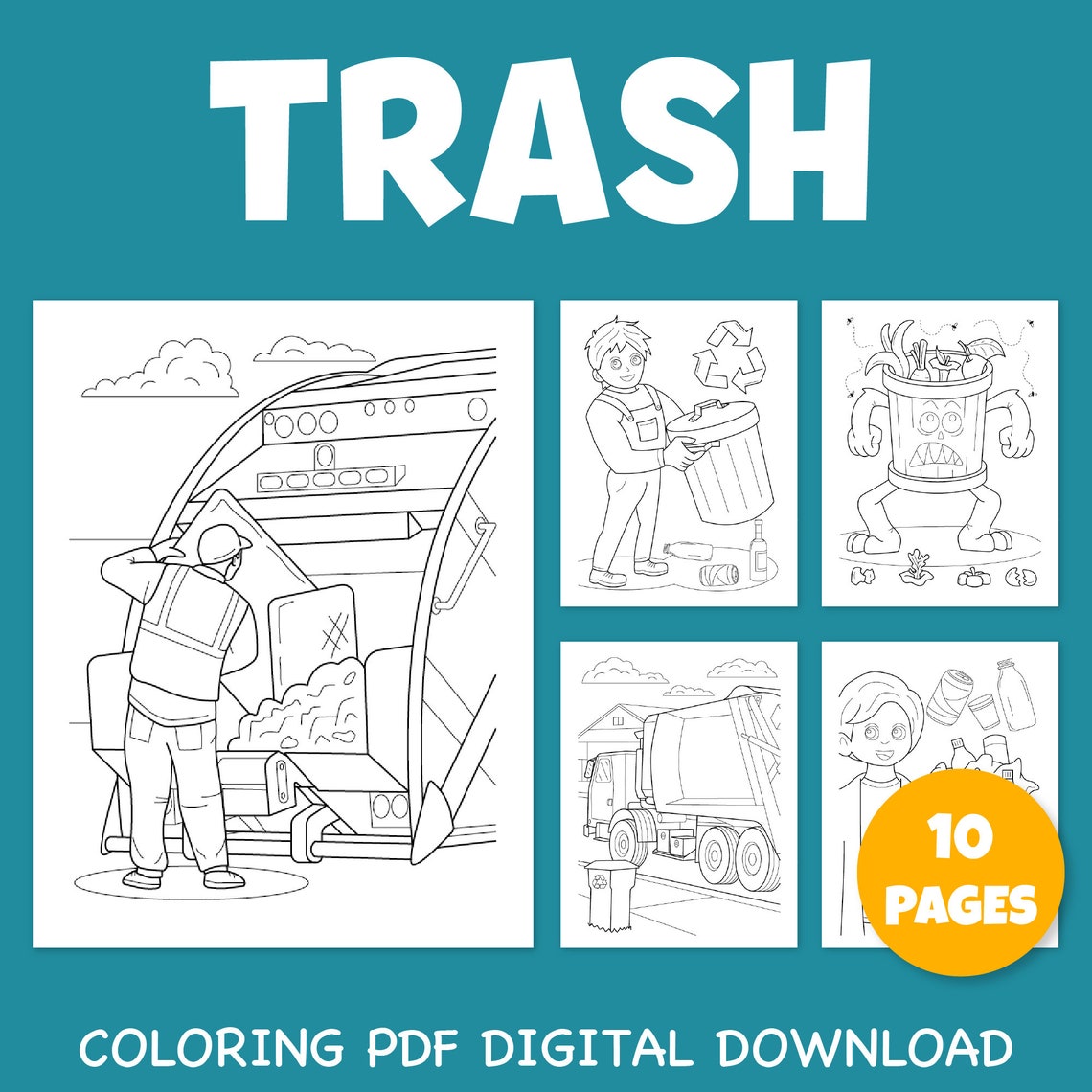 Coloring Pages for Kids Waste Recycling, Trash & Garbage Bin Truck ...