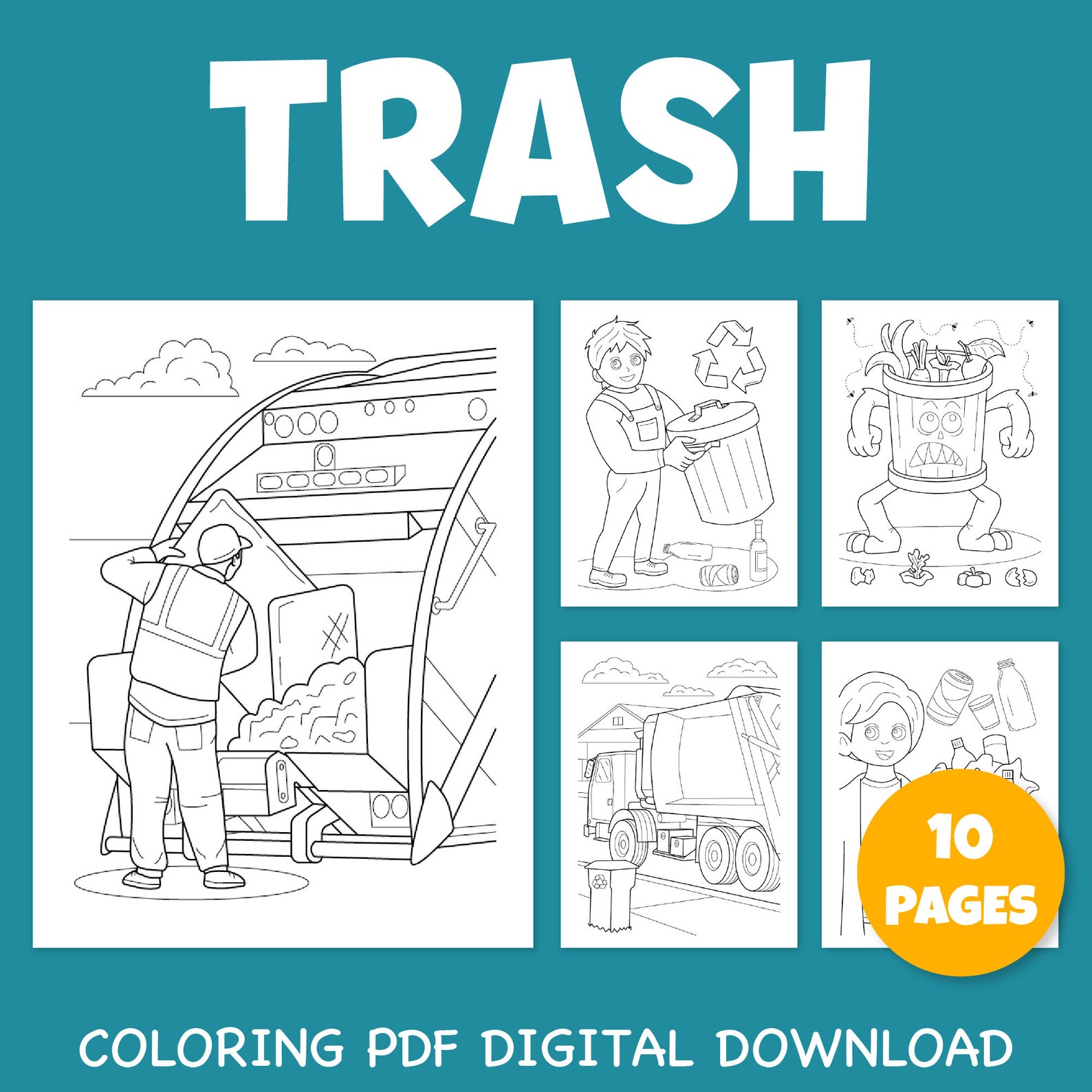 Coloring Pages for Kids Waste Recycling, Trash & Garbage Bin Truck ...