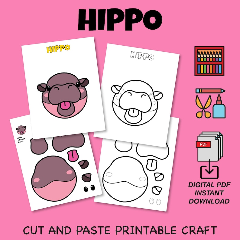 Hippo Cute Baby Animal Cut and Paste Paper Craft Worksheets for Kids ...